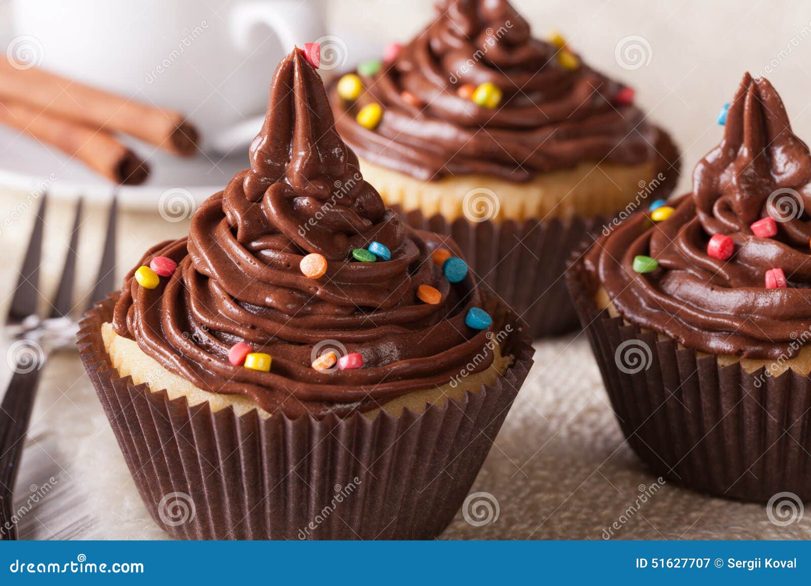 Cupcakes with Chocolate Cream Close-up and Coffee, Horizontal Stock ...