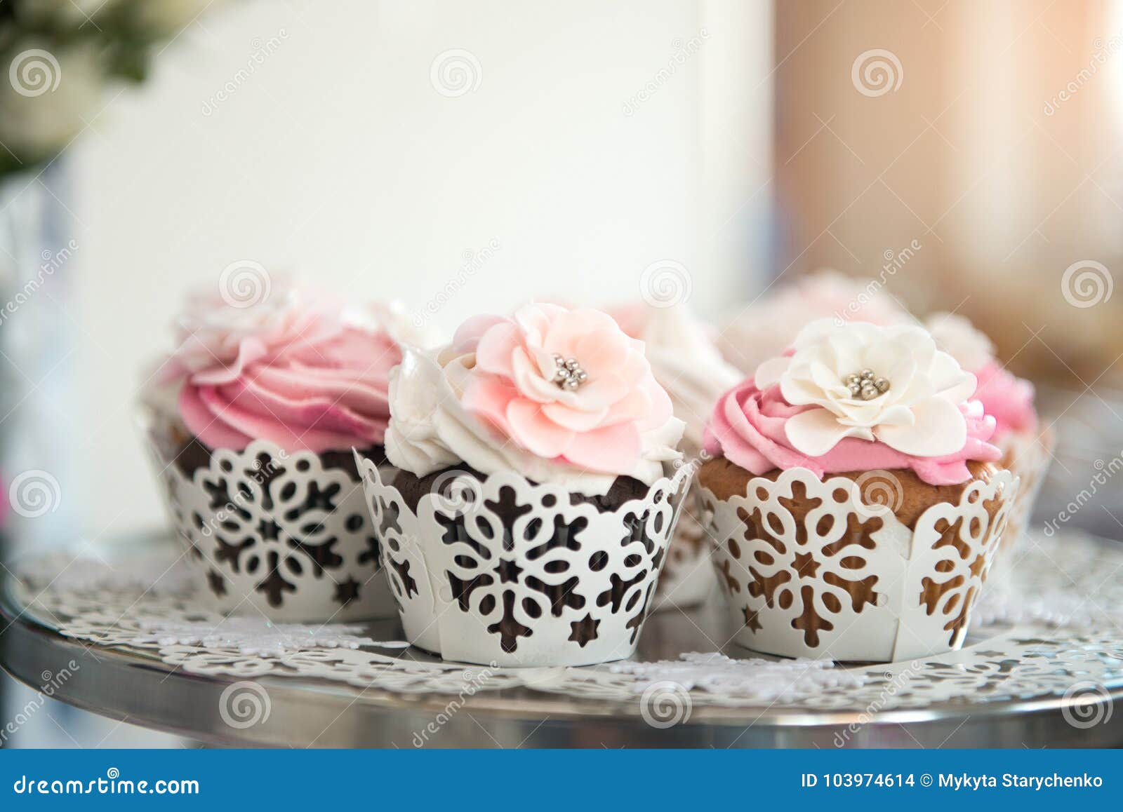 Cupcakes on Plate on Buffet Table. Colorful Beautiful Cupcakes with ...