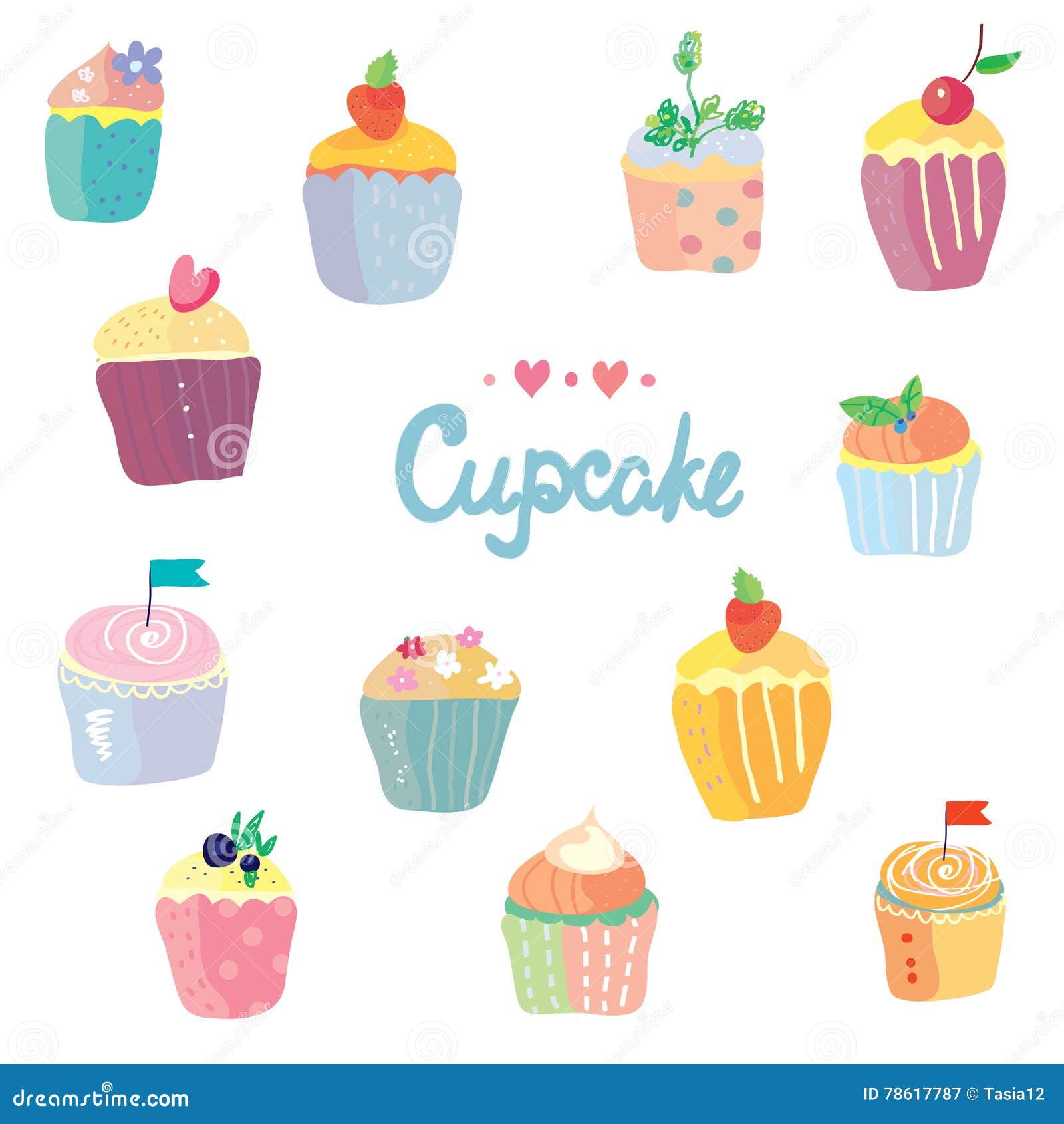 Cupcakes Set in Funny Style Stock Vector - Illustration of dessert ...