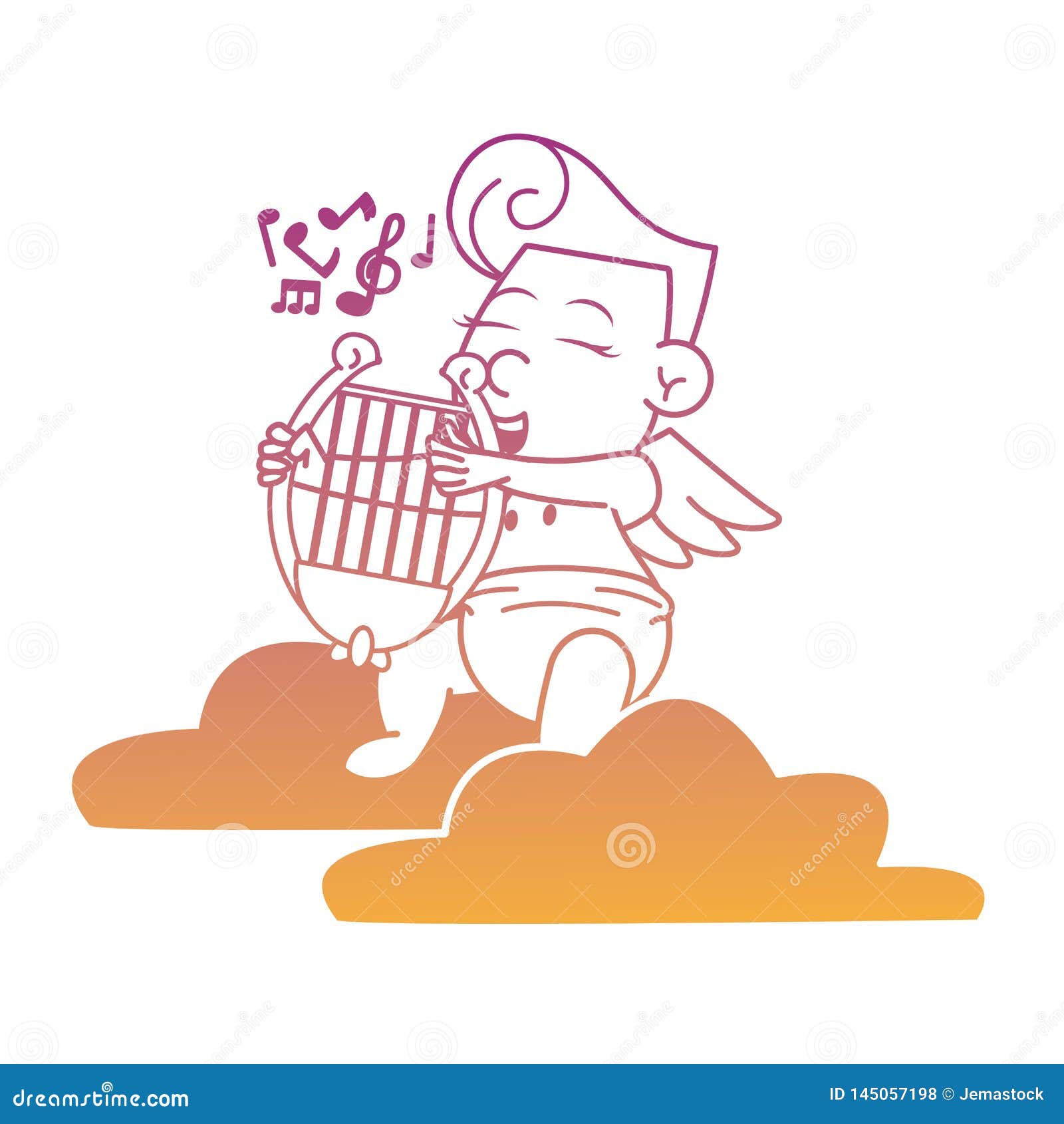 Cupid on Cloud with Harp Rainbow Lines Stock Vector - Illustration of ...