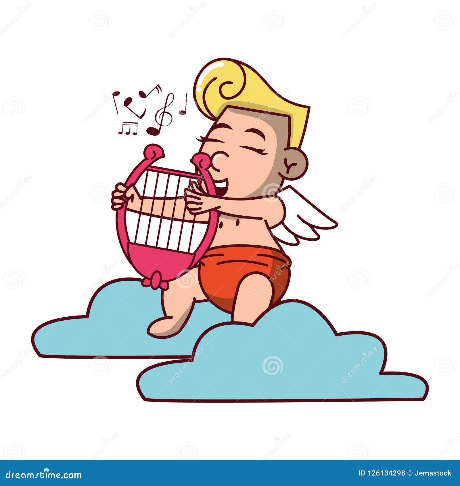 Cupid on cloud with harp stock vector. Illustration of valentine ...