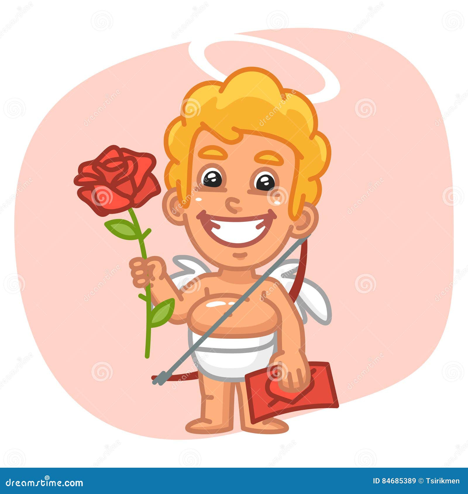 Cupid Holding Valentine Card and Large Rose Stock Vector - Illustration ...
