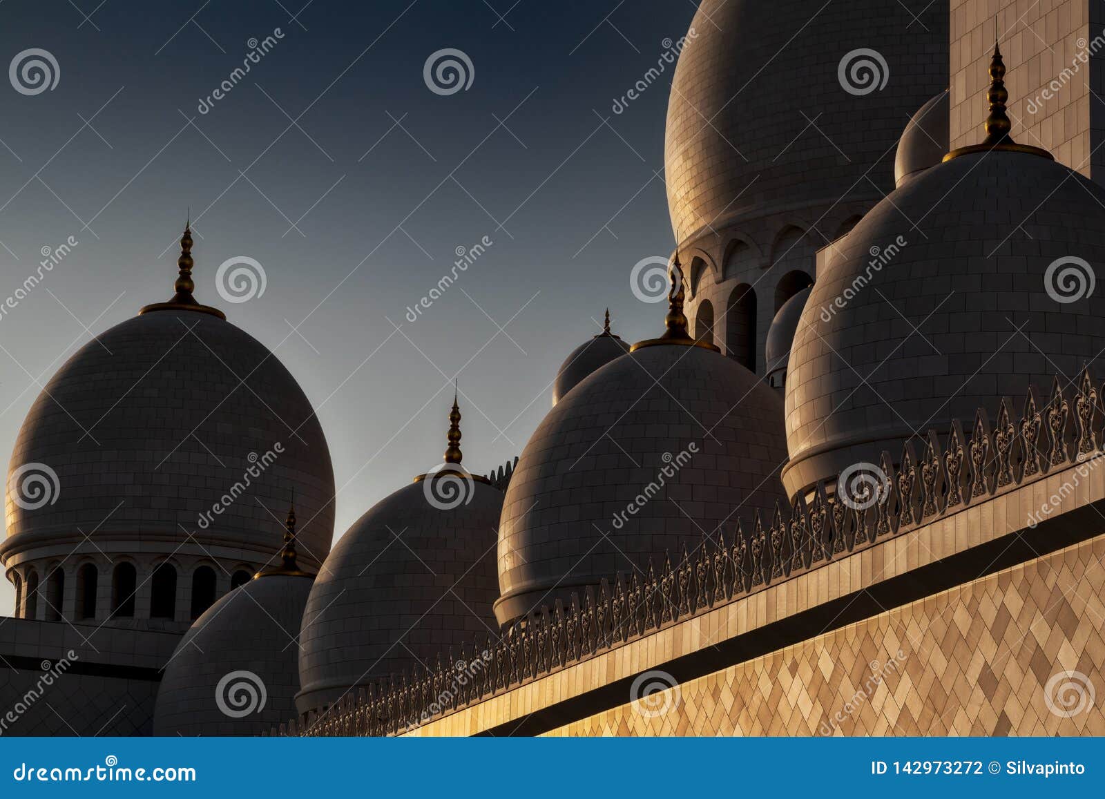 Cupolas in Great Mosque, Abu Dhabi, with Sunset Light Stock Photo ...