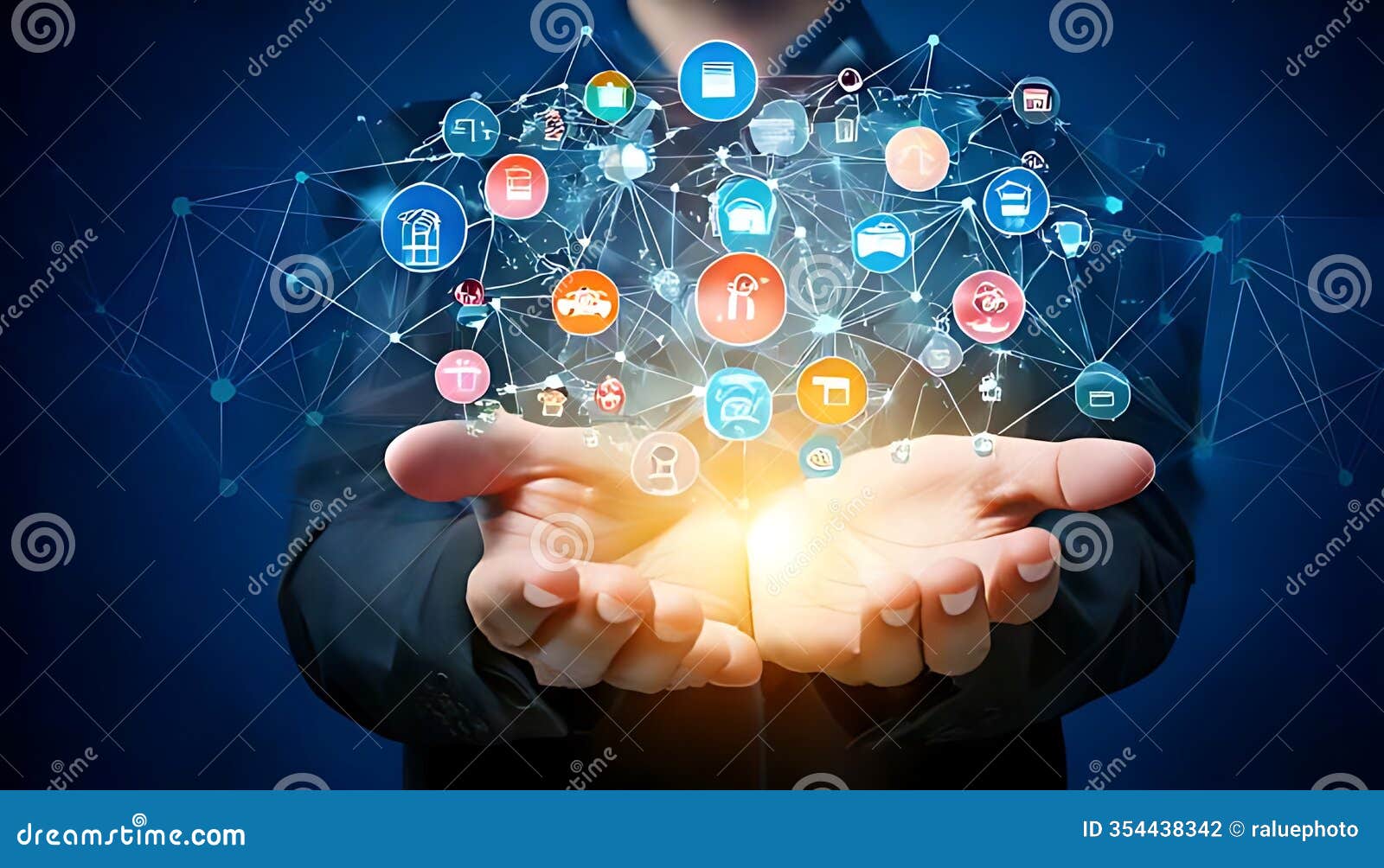 Cupped Hands Hold a Sphere of Interconnected Icons, Glowing on Dark ...