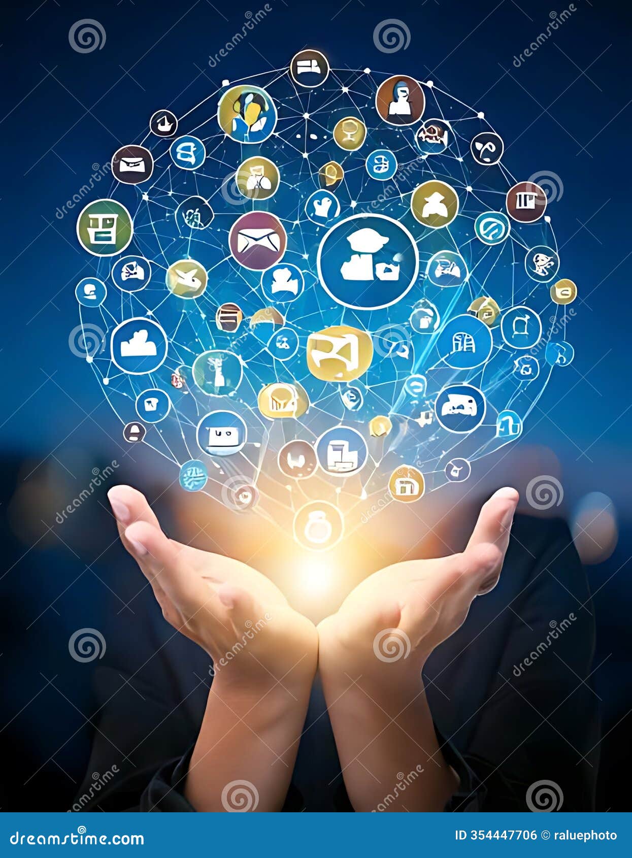 Cupped Hands Hold a Sphere of Interconnected Icons, Glowing on Dark ...