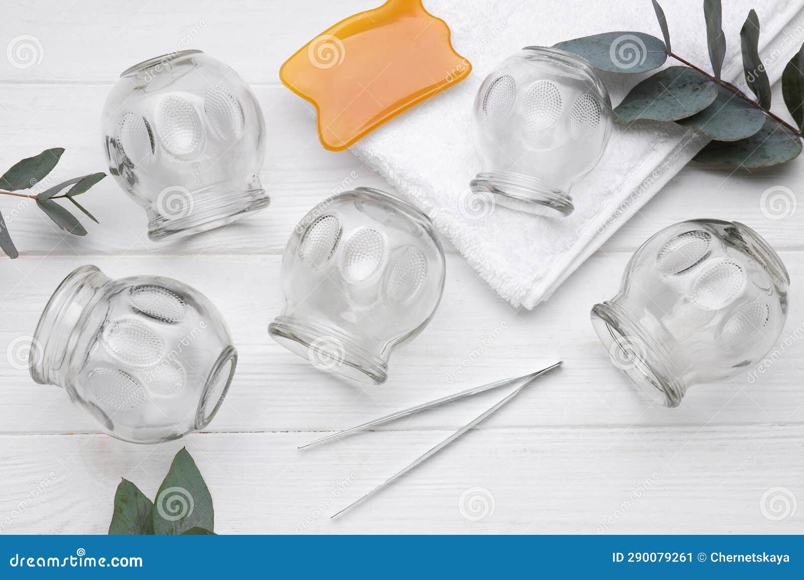 Cupping Set, Gua Sha and Eucalyptus Branches on White Wooden Table ...