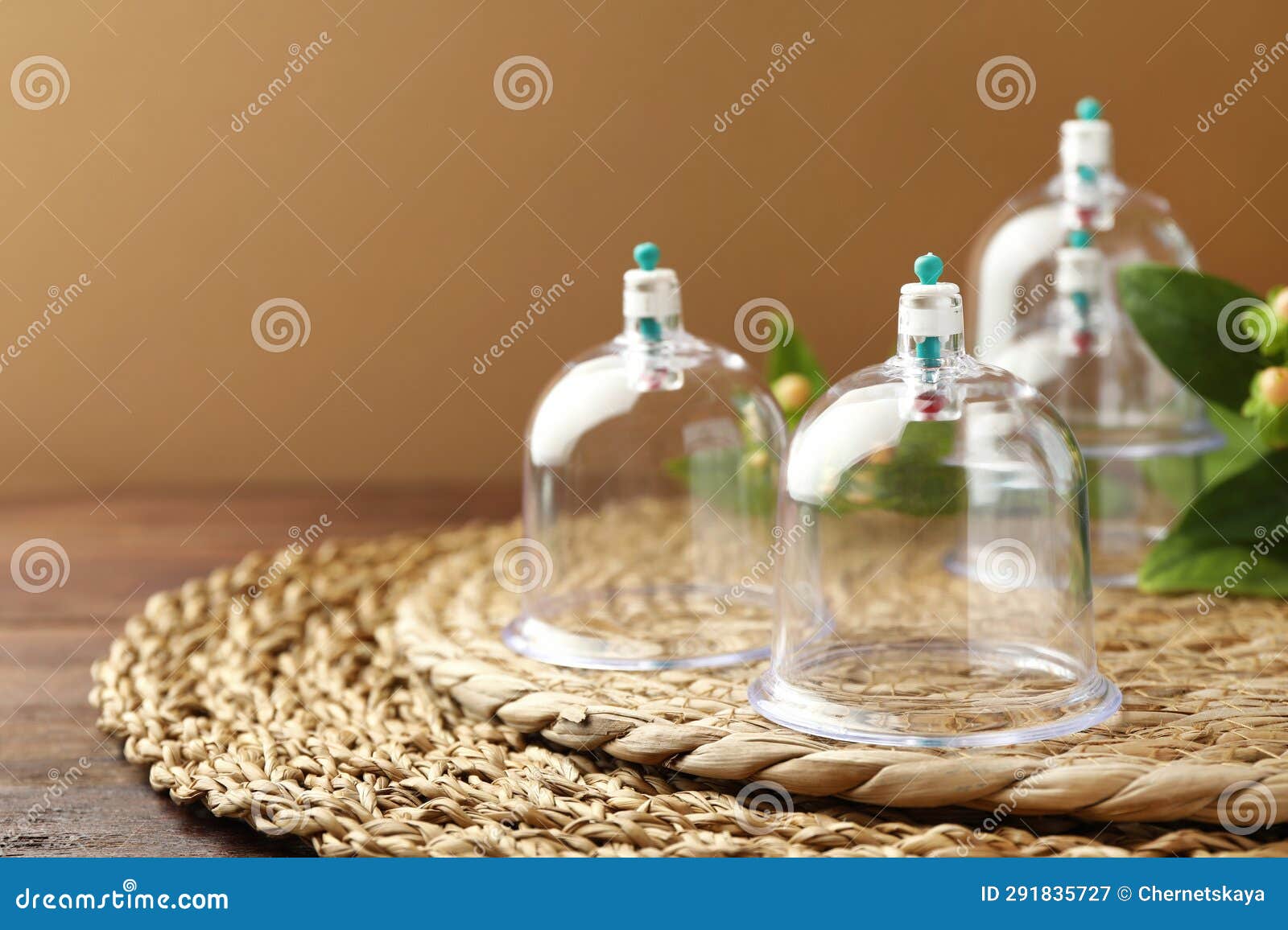 Cupping Therapy. Plastic Cups on Table, Closeup. Space for Text Stock ...