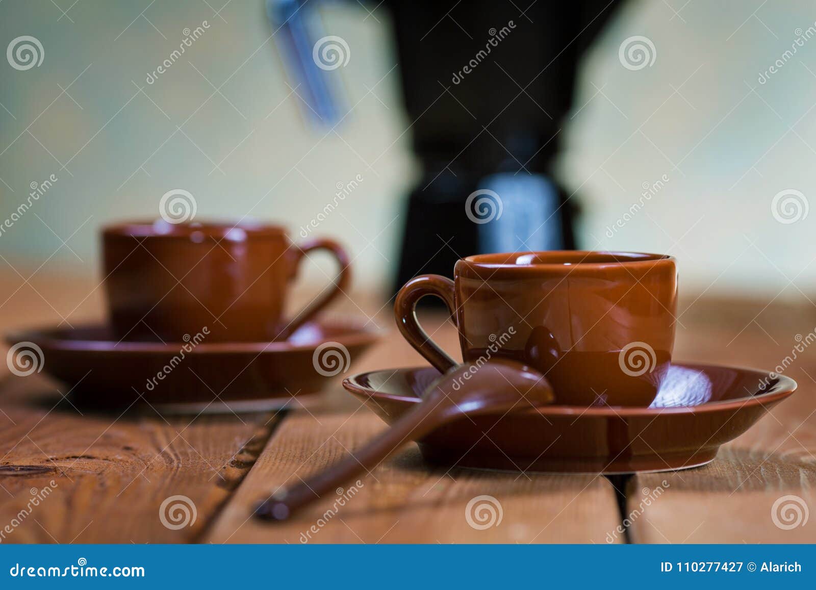 Cups of Coffee and a Coffee Pot on a Table Stock Image - Image of aroma ...