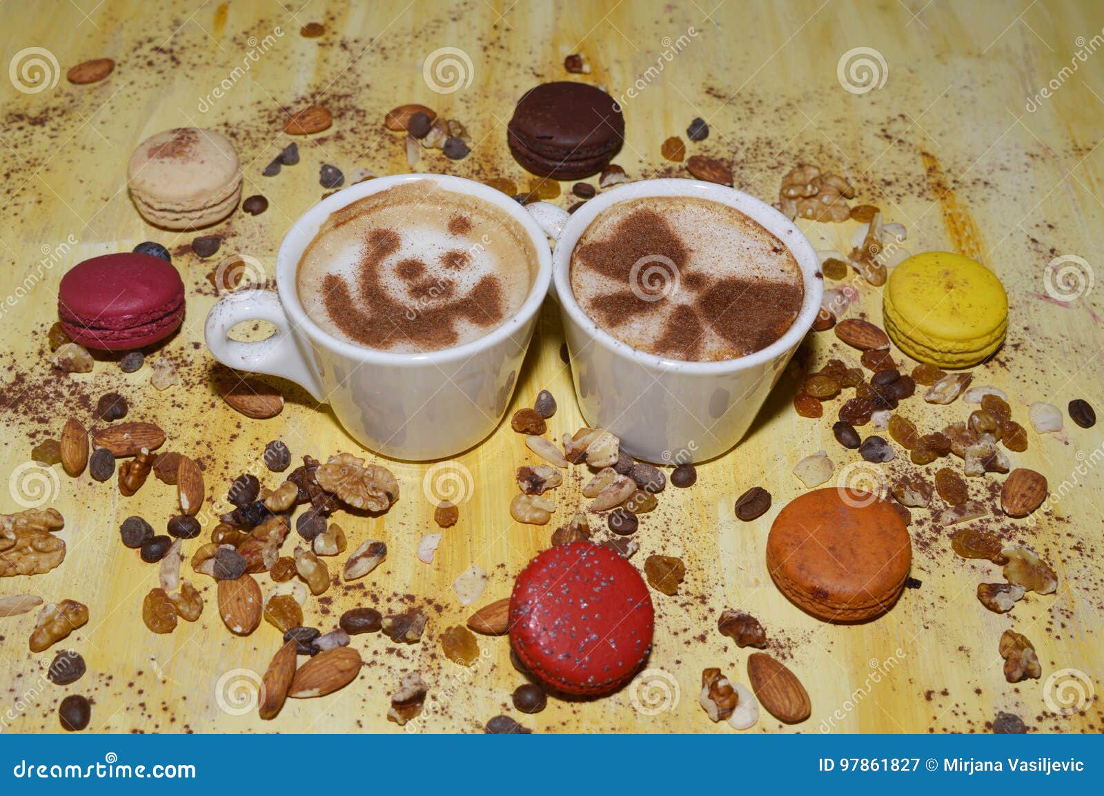 Cups of Coffee with Nuts, Cookies and Cinnamon Stock Image - Image of ...