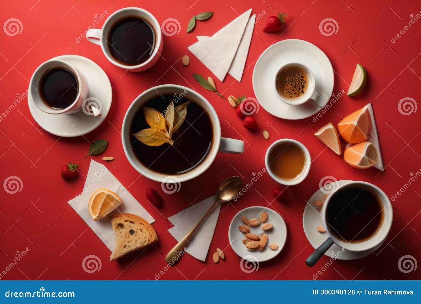 Cups of Coffee and Paper Airplane on Red Background, Top View ...