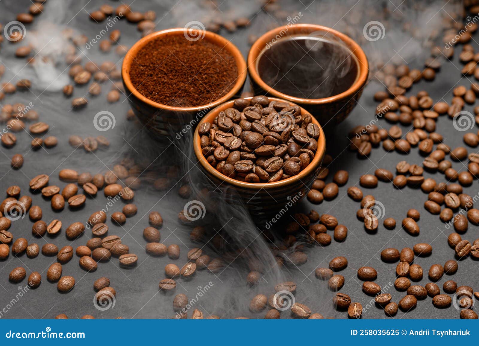Cups of Coffee and Roasted Coffee Beans on a Black Background in a Pair ...