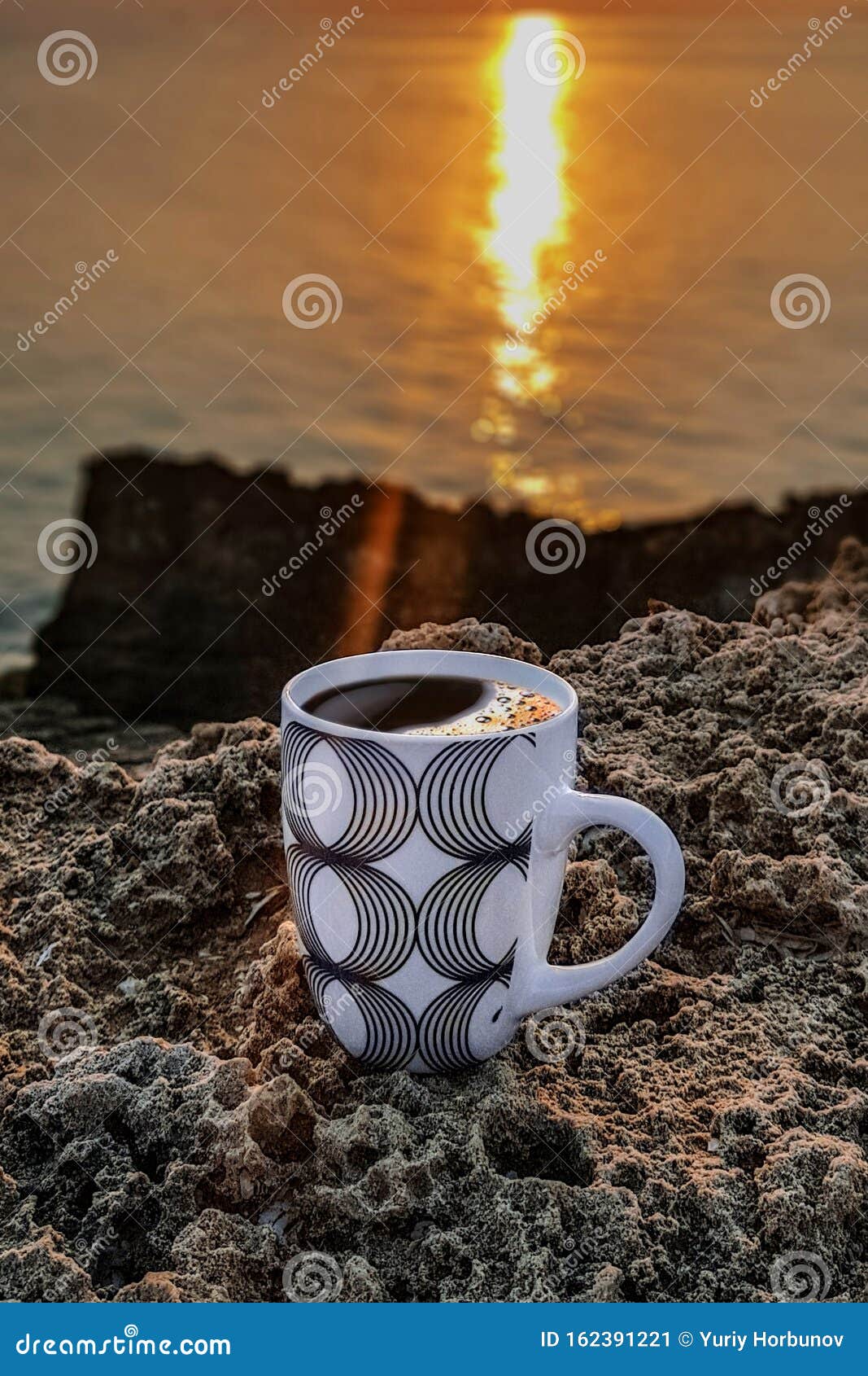 Cups of Coffee on a Stone Shore at Morning Sunrise Stock Image - Image ...