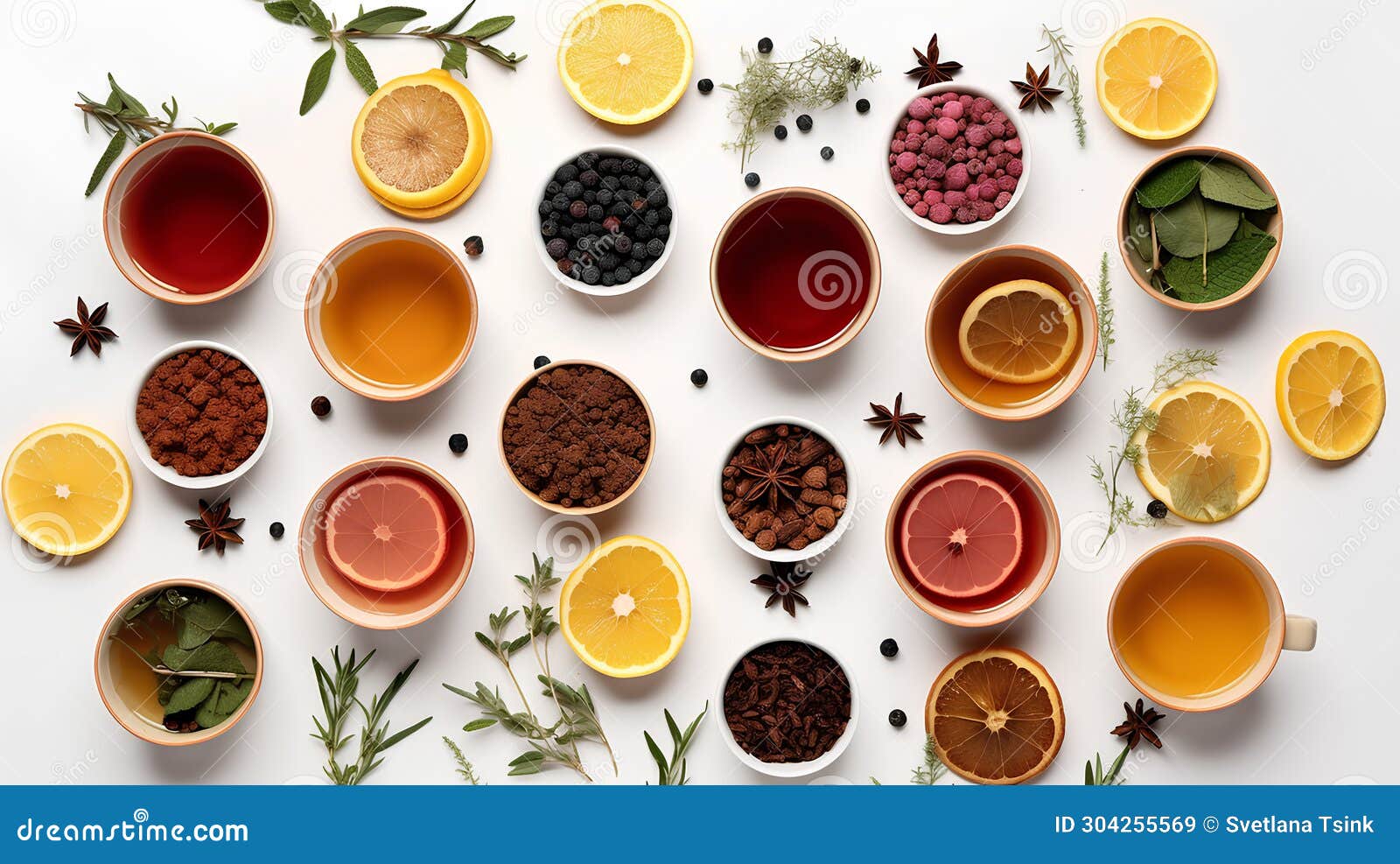 Cups with Different Types of Tea and Ingredients on the Table. View ...