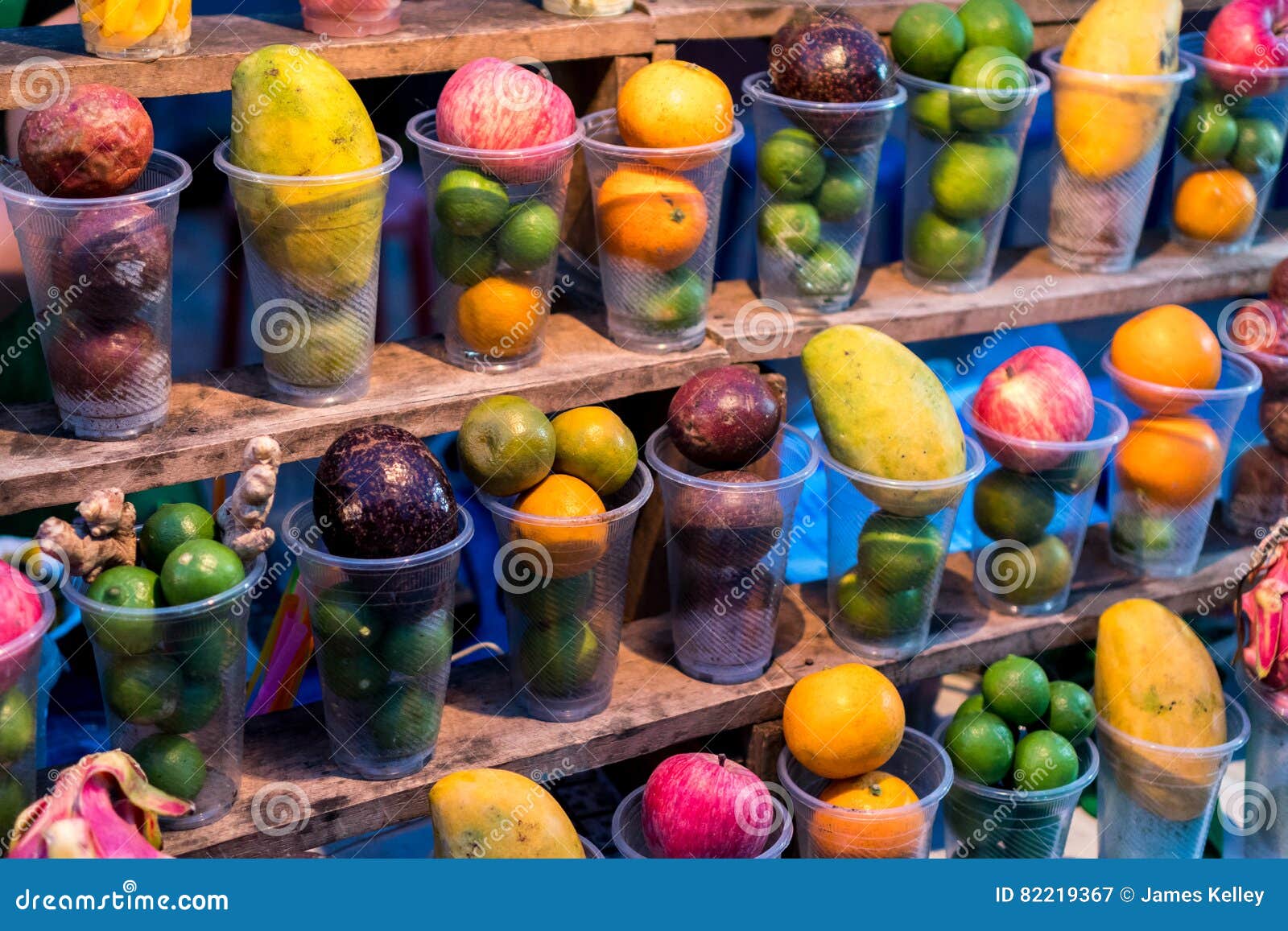 Display of Fruits for Fruit Juice and Shakes. Street Stall Vendor at ...