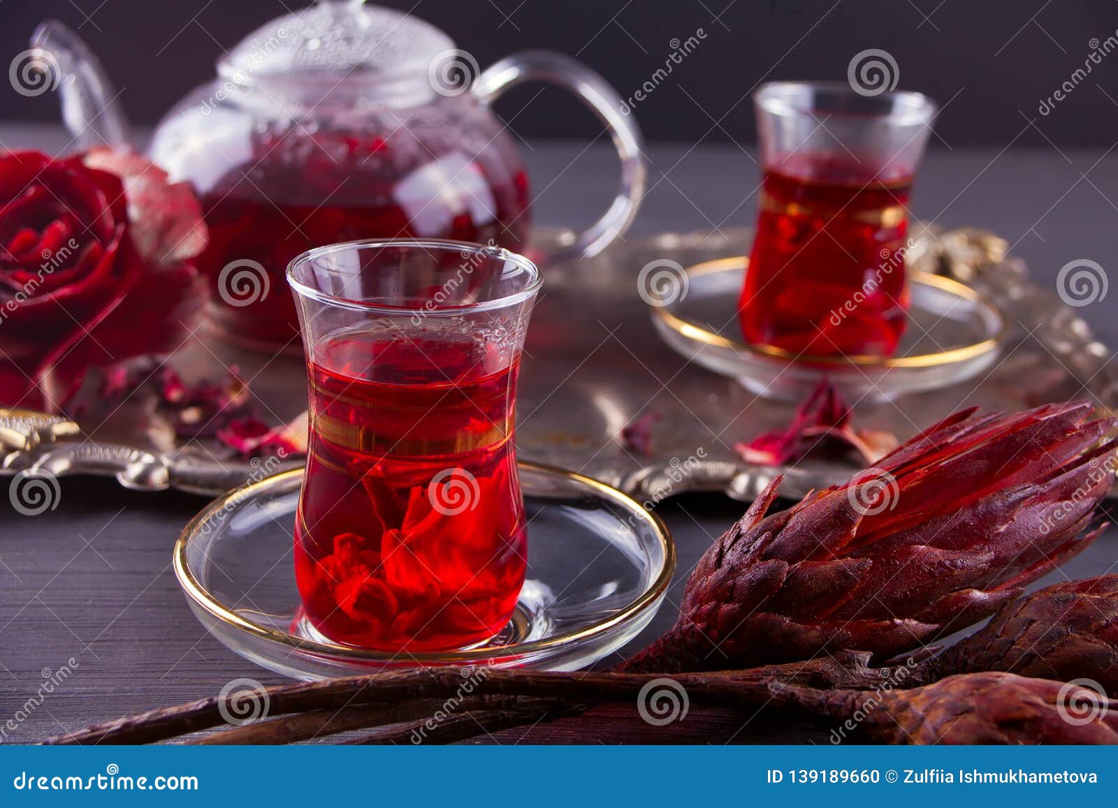 Cups of Hot Red Karkade Tea with Teapot on the Tray Stock Photo - Image ...