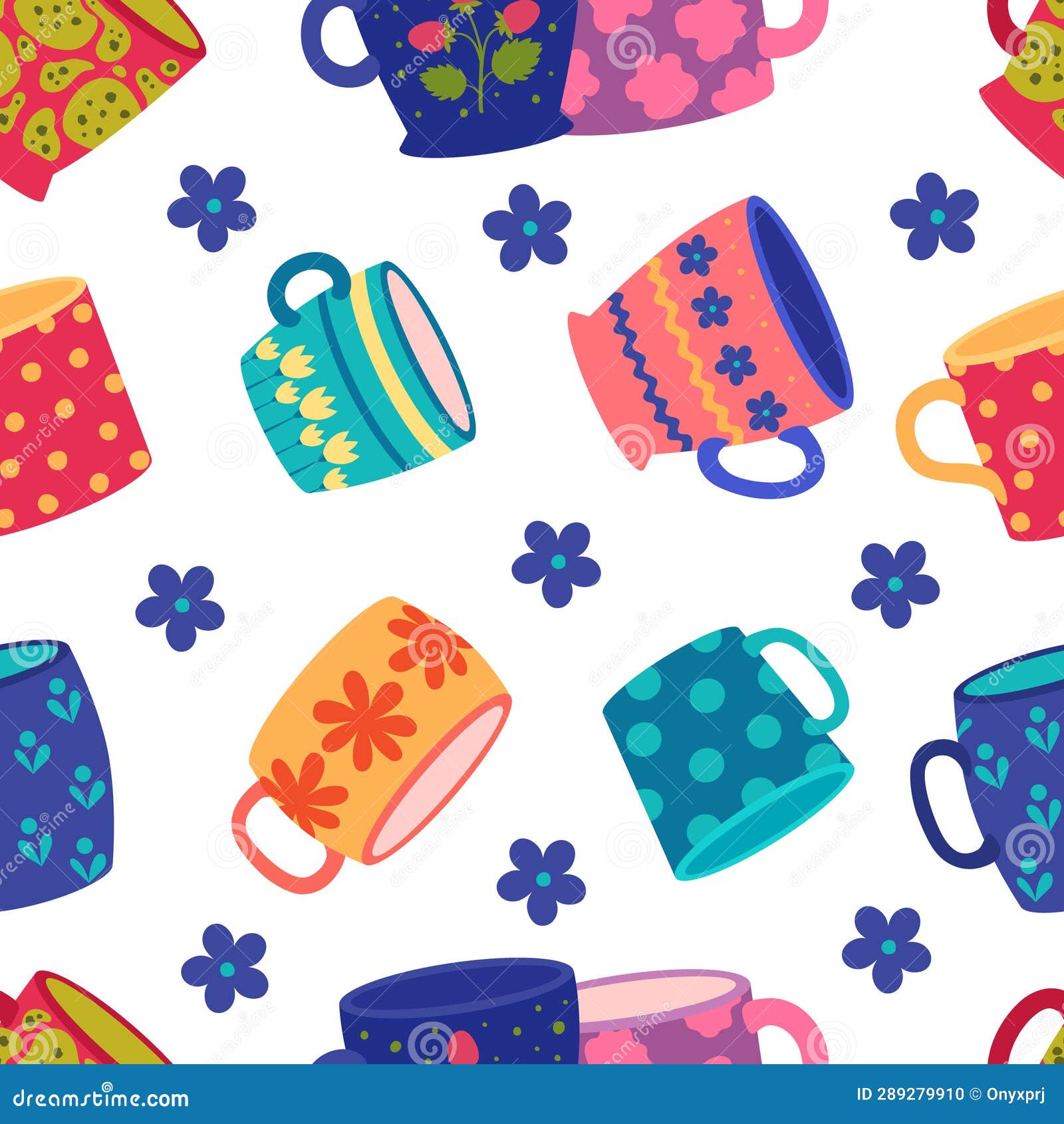 Cups Pattern. Decorated Beautiful Funny Colored Cups Collection Stock ...