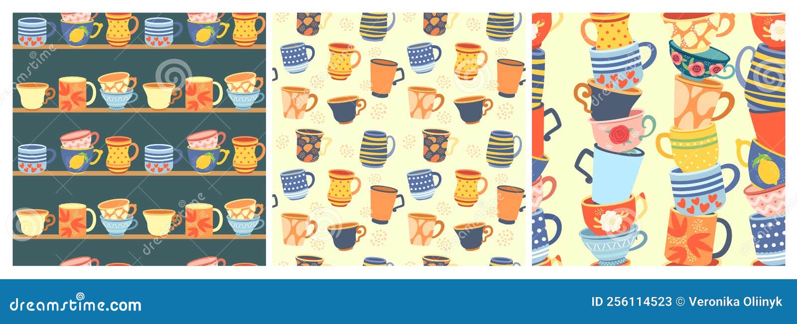 Cups Seamless Patterns. Coffee Cup, Stacked Mugs and Pottery Teacups ...