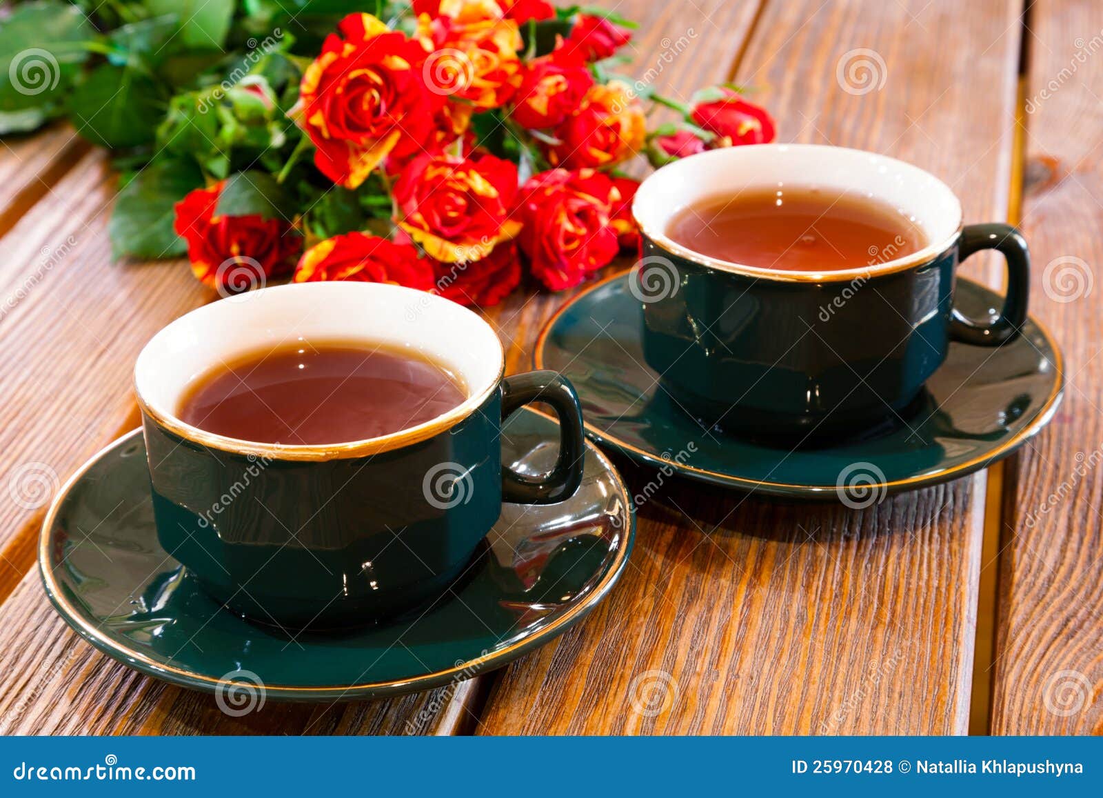 Cups of Tea and Roses Bouquet Stock Photo - Image of orange, love: 25970428