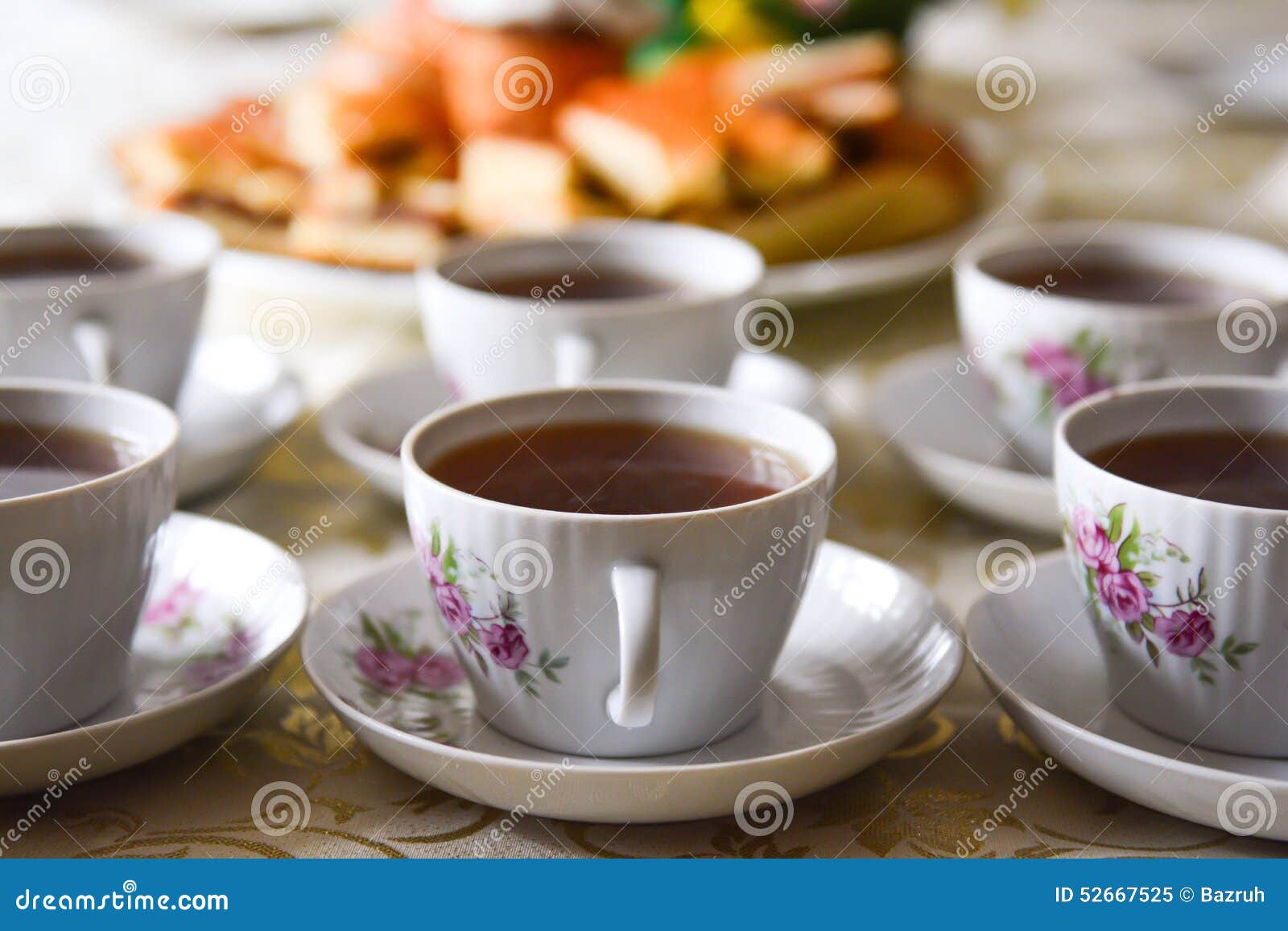 Cups with tea on a table stock image. Image of croissant - 52667525