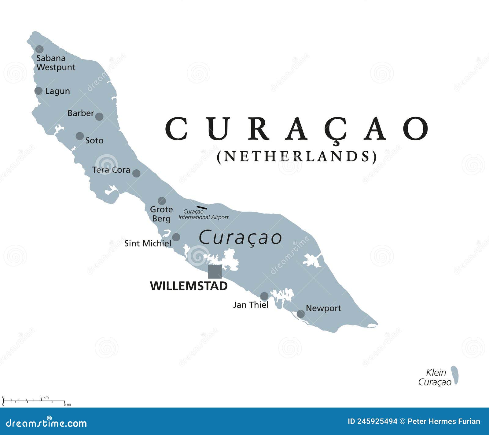 Curacao, Gray Political Map, Caribbean Island in the Leeward Antilles ...