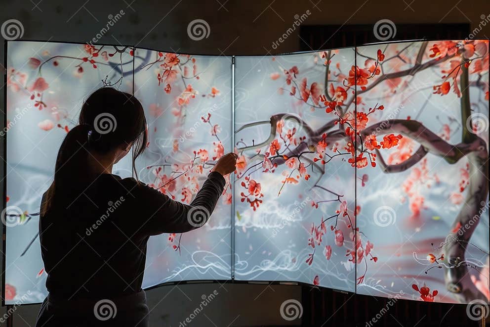 Curator Touching Interactive Digital Art Installation of Cherry ...