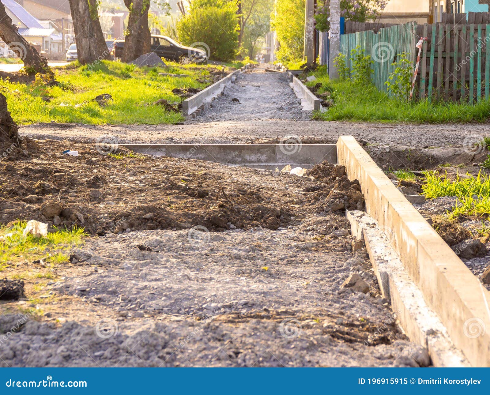 Curb Installation and Sidewalk Construction Outside the City, Selective ...