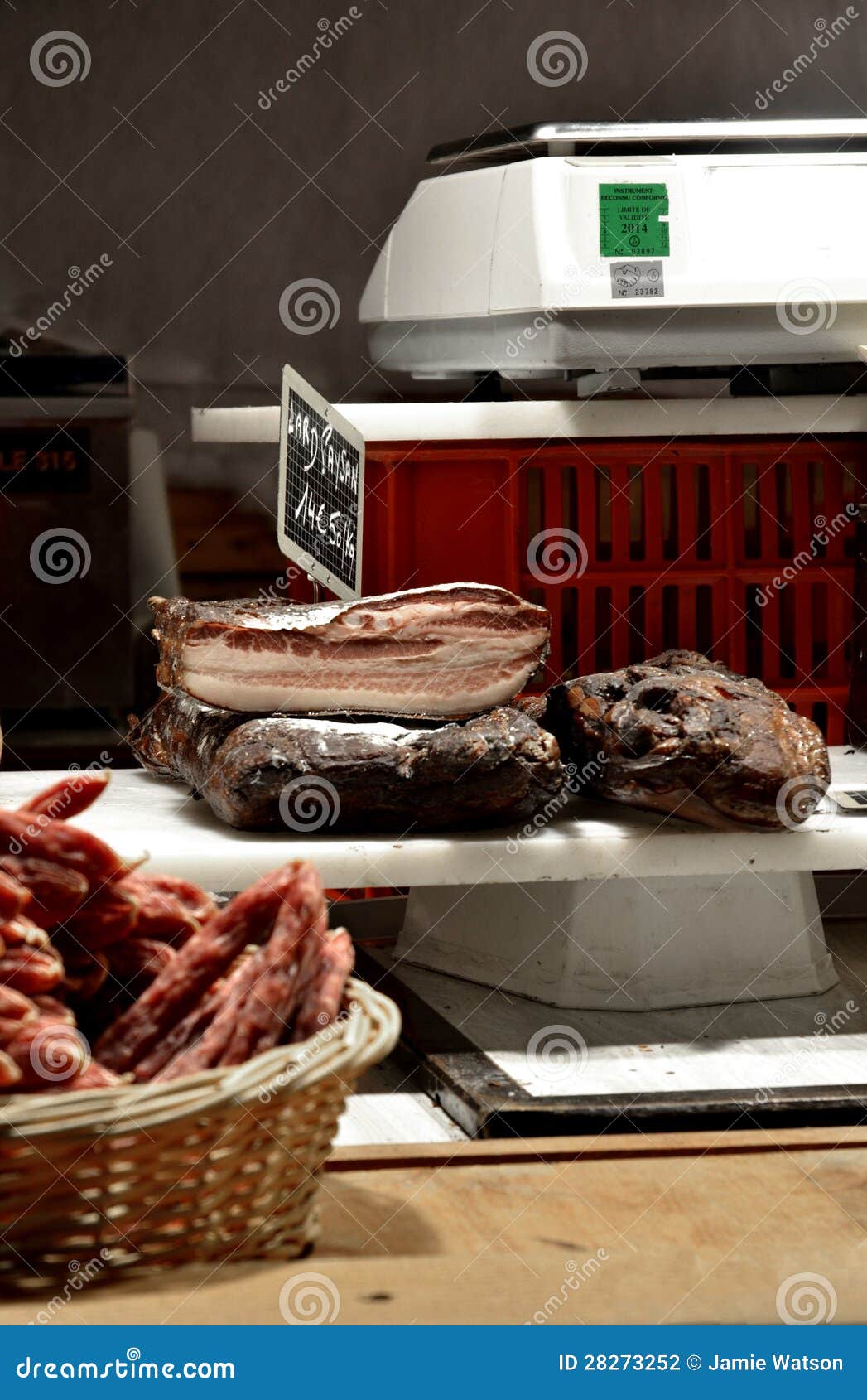 Cured Bacon Piece on Market Stand Stock Photo - Image of cold, bacon ...