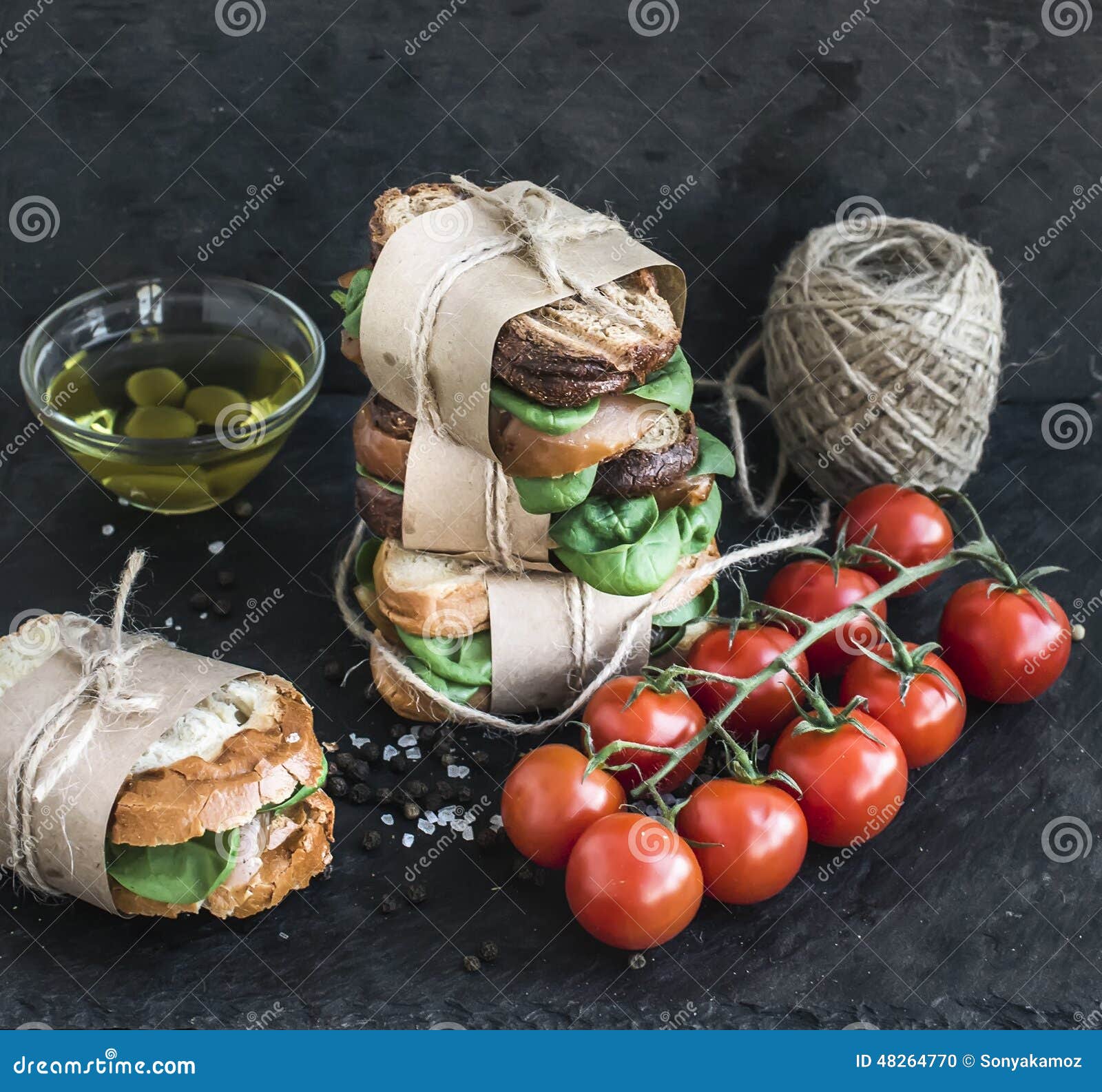 Cured Chicken and Spinach Whole Grain Sandwich Tower with Spices Stock ...