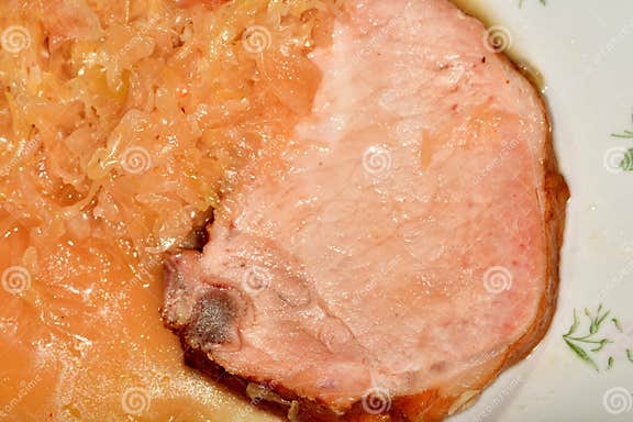 Cured Cooked Pork from the Cutlet String and Sauerkraut Stock Photo ...