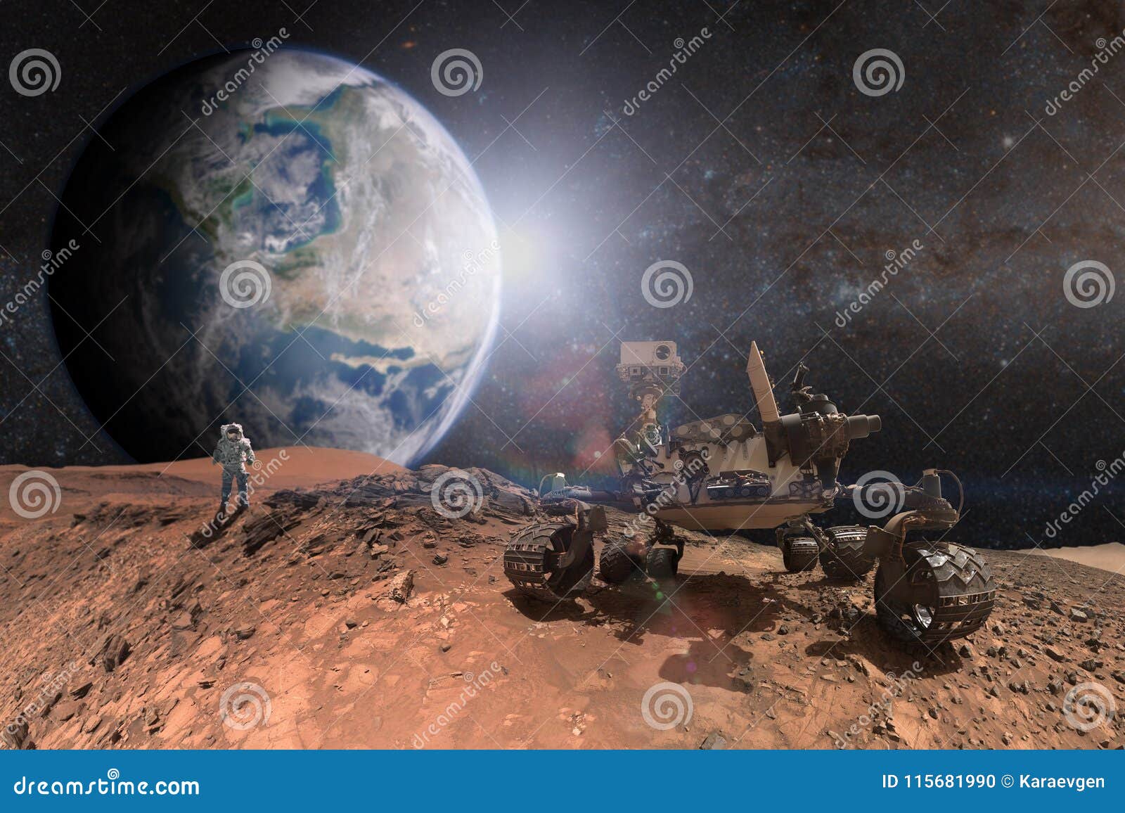 Curiosity Mars Rover Exploring the Surface of Red Planet. Stock Photo ... Curiosity Mars Rover Exploring the Surface of Red Planet. Stock Photo ...