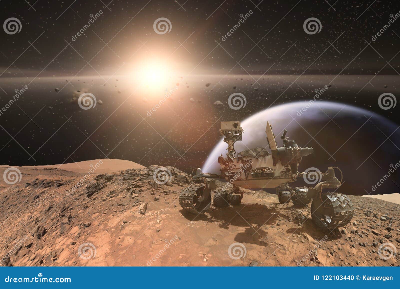 Curiosity Mars Rover Exploring the Surface of Red Planet. Stock Photo ... Curiosity Mars Rover Exploring the Surface of Red Planet. Stock Photo ...