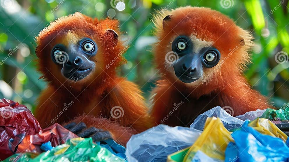 Curious Animals Exploring Trash with Blurred Background, Space for Text ...