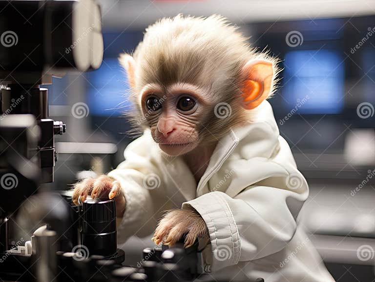 Baby Monkey Scientist Examines Microscope Stock Illustration ...