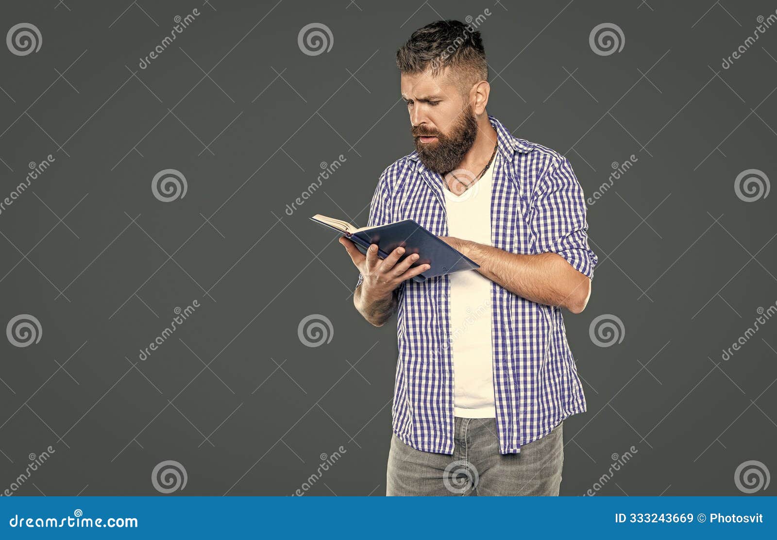 Curious Bearded Man Reading Book on Grey Background Stock Image - Image ...