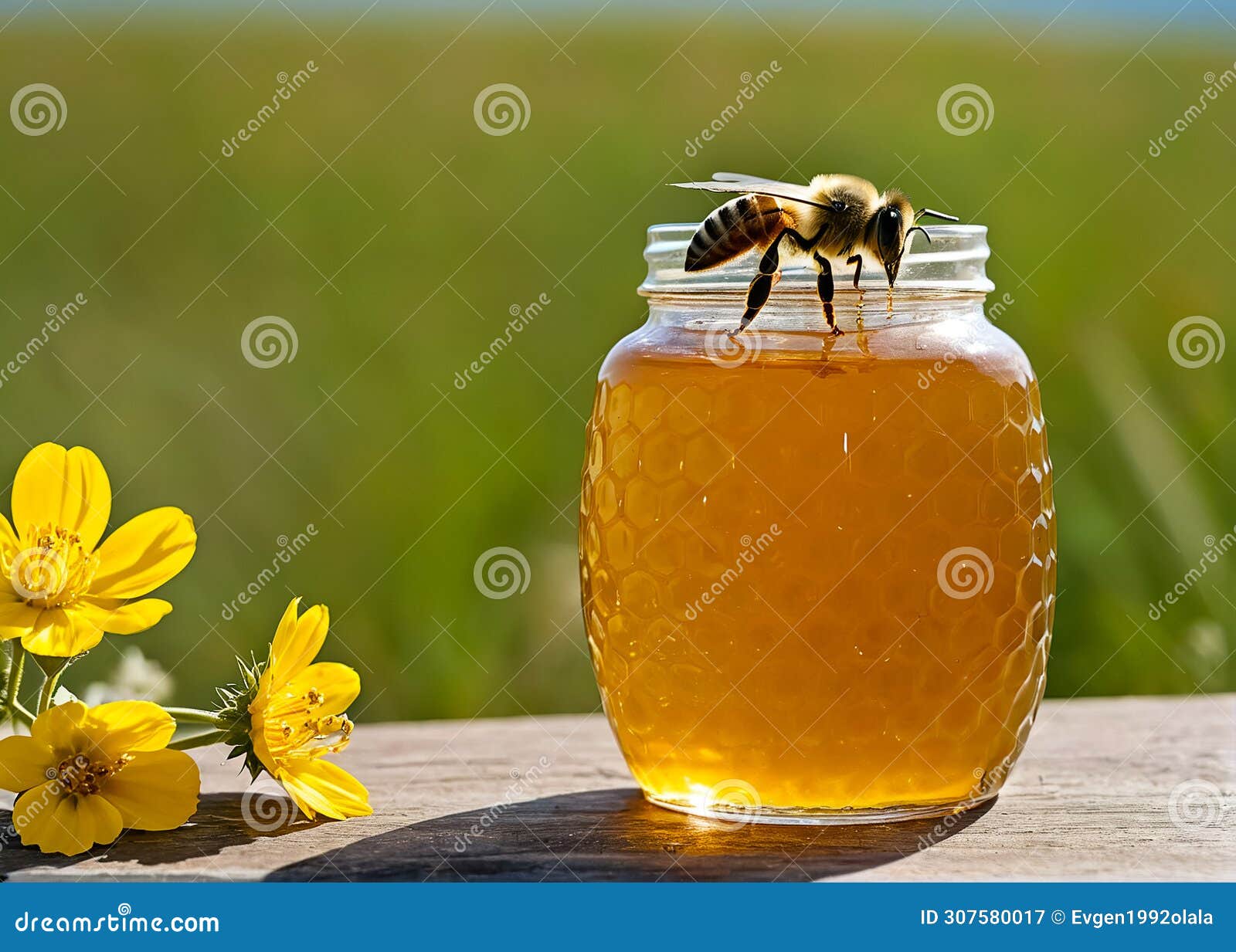 A Curious Bee on a Jar of Honey. Generative AI Stock Illustration ...