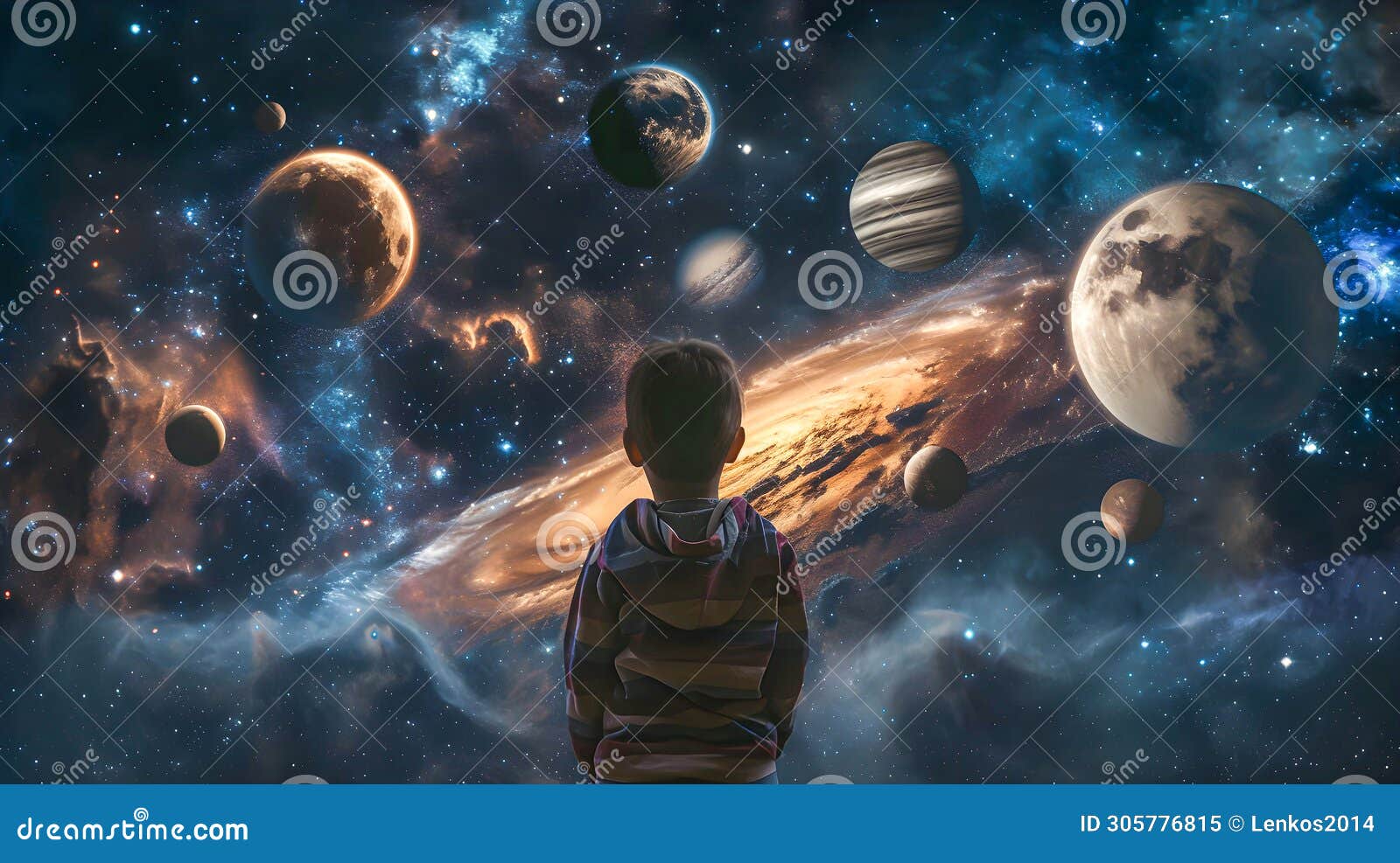Curious Boy is Fantasizes and Thinking about Space and Imagines it in ...
