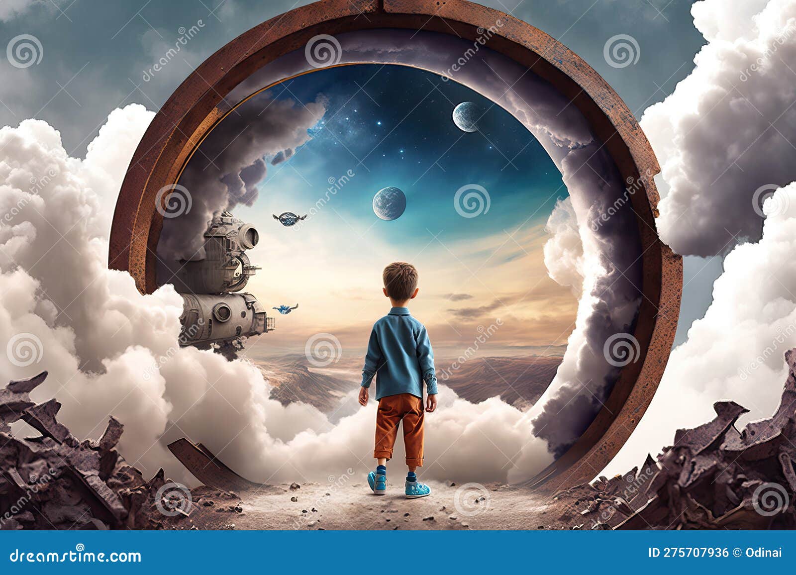 Curious Boy in Front of Metaverse Gate To Cyber Dimension Realm ...