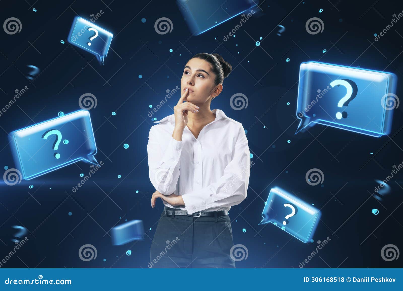 Curious Businesswoman with Question Marks, Thinking Pose Stock Photo ...