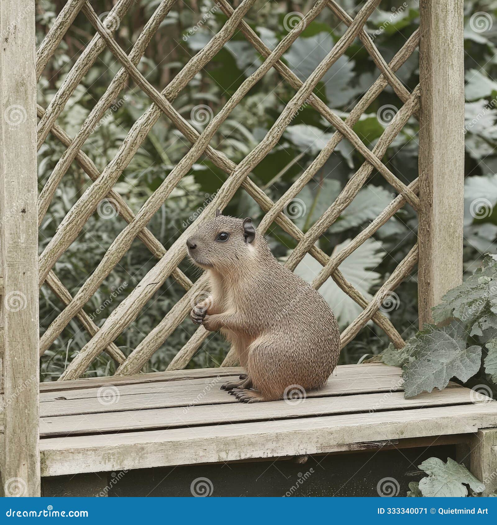 Curious Capybara on Wooden Platform Amidst Garden Greenery Stock Image ...