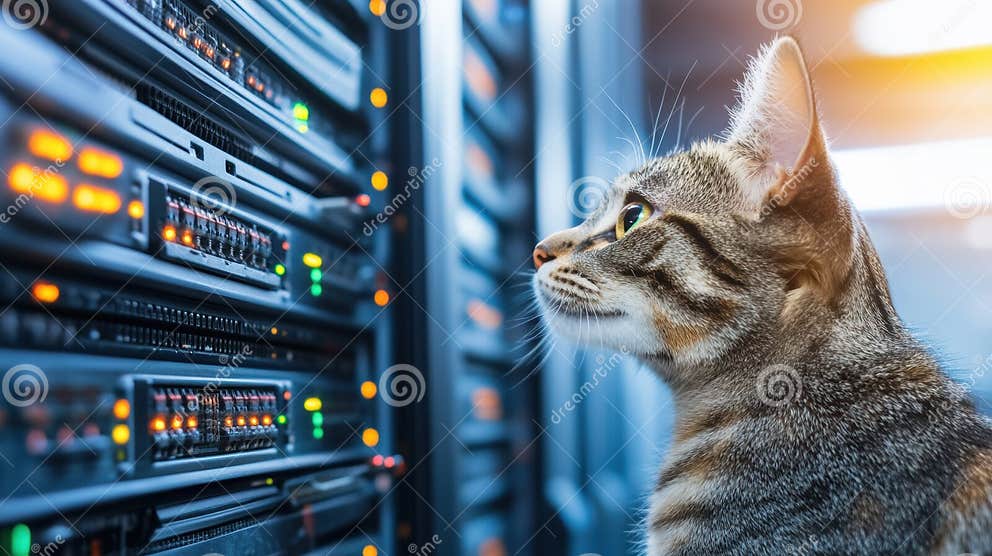 Curious Cat Explores a Server Room, Captivated by Blinking Lights and ...