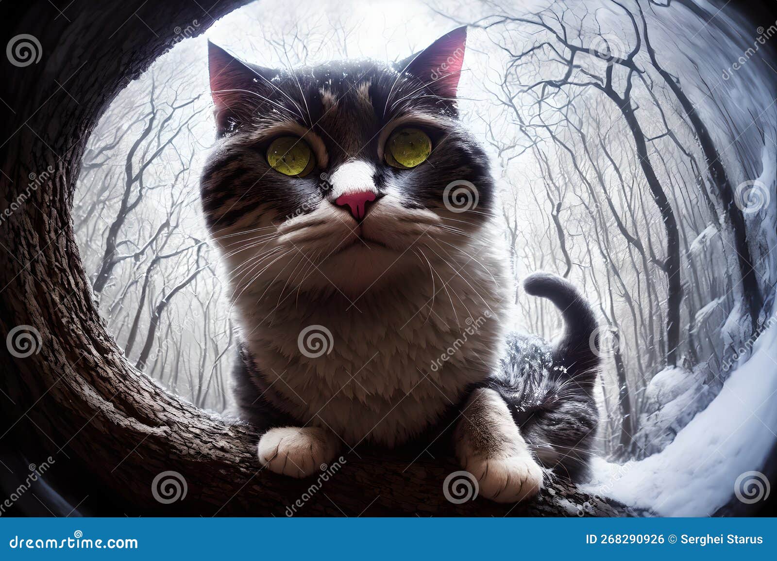 Curious Cat Looking at the Camera in a Tree Hollow, Fisheye Portrait ...