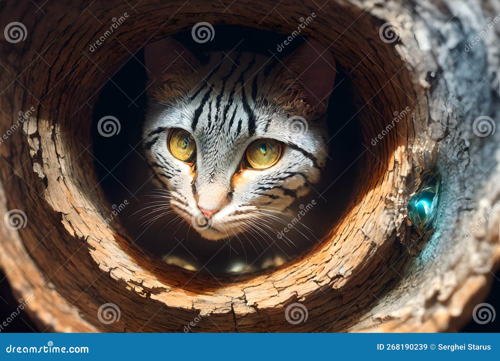 Curious Cat Looking At The Camera In A Tree Hollow, Fisheye Portrait ...