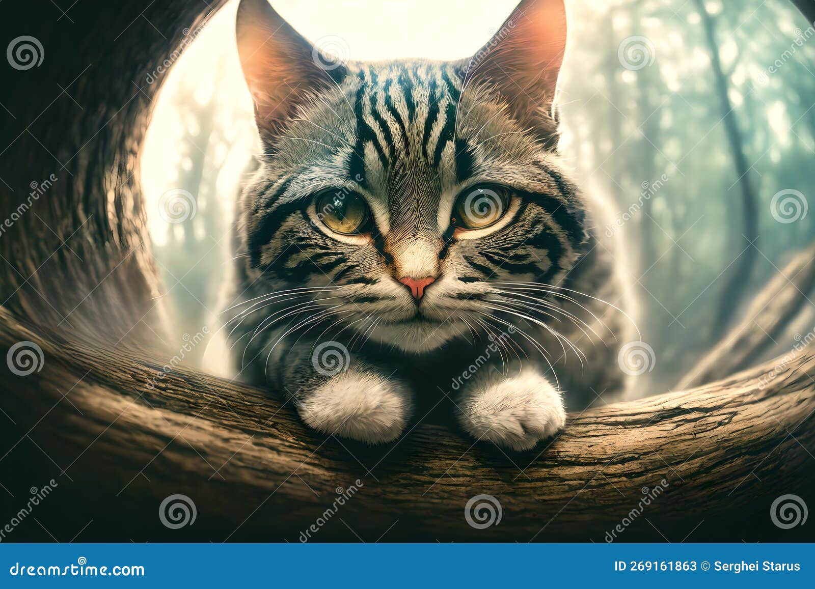 Curious Cat Looking at the Camera in a Tree Hollow, Fisheye Portrait ...