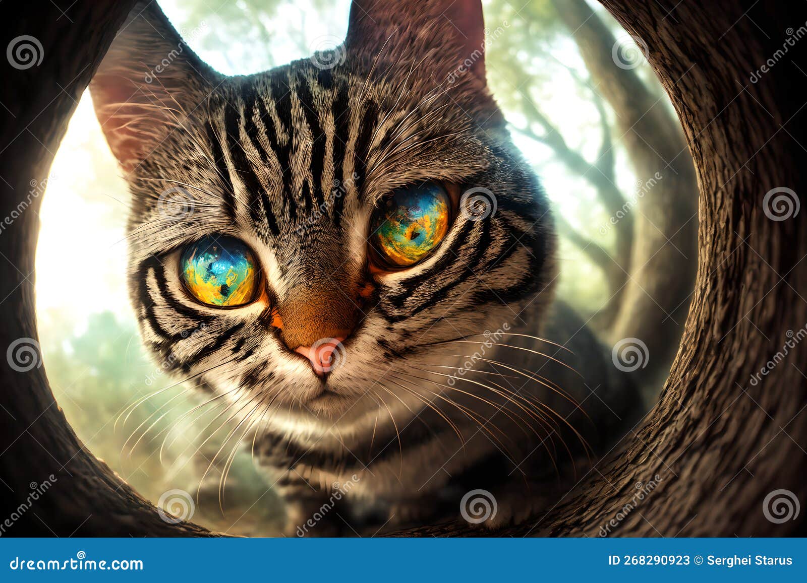 Curious Cat Looking at the Camera in a Tree Hollow, Fisheye Portrait, AI Generated Stock ...