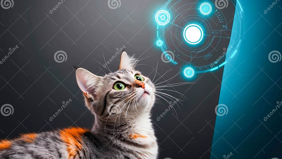 A Curious Cat Looking at a Futuristic Interface, Symbolizing the ...