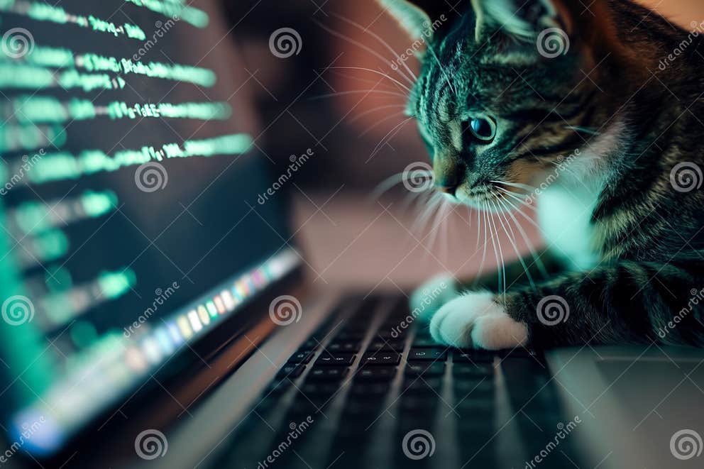 Curious Cat Looking Typing Keyboard Laptop Computer Hacker Kitten ...
