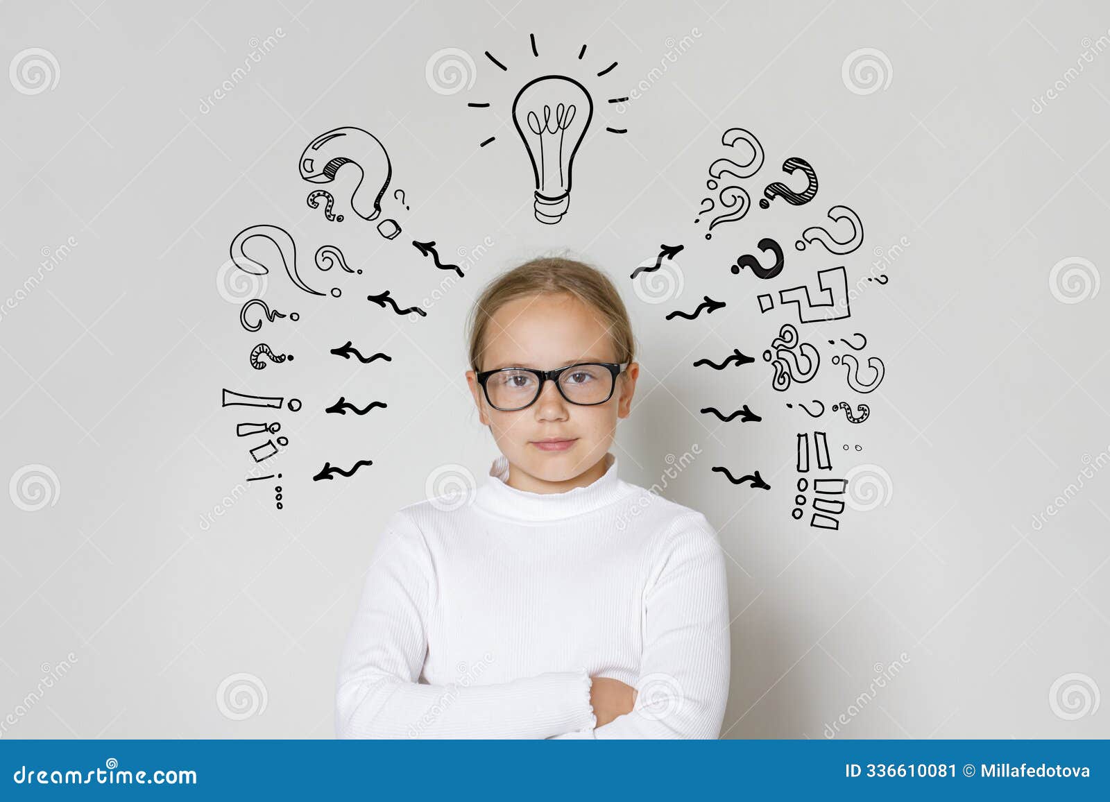Curious Child Girl with Light Bulb and Question Marks on White ...