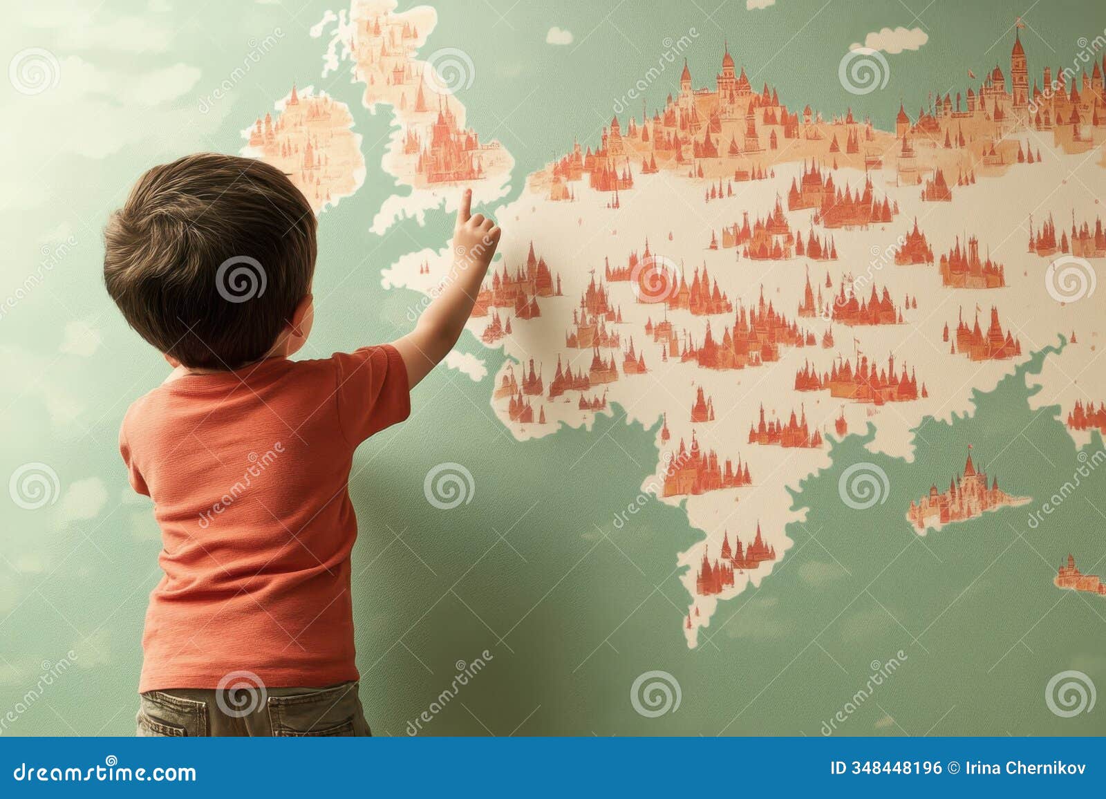 Curious Child Pointing at Illustrated World Map Stock Photo - Image of ...