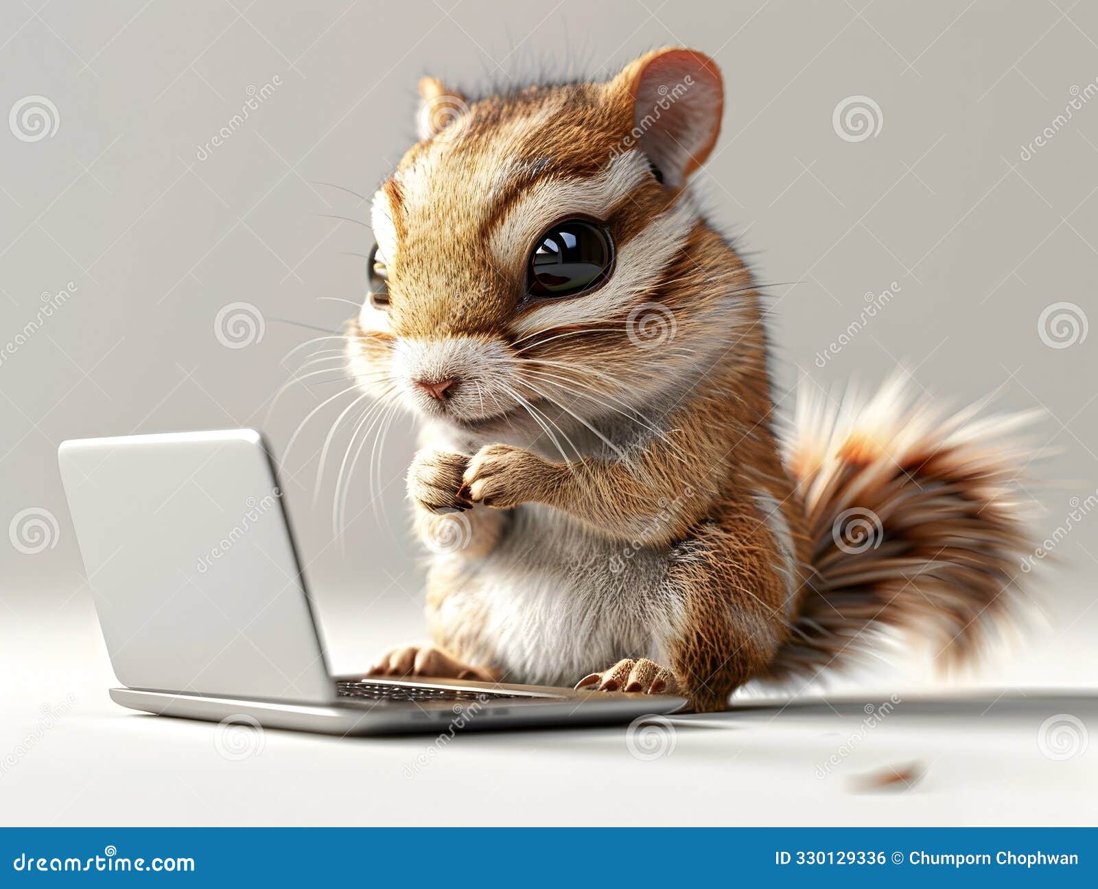Curious Chipmunk Using Compact Laptop Computer on Minimalist White ...