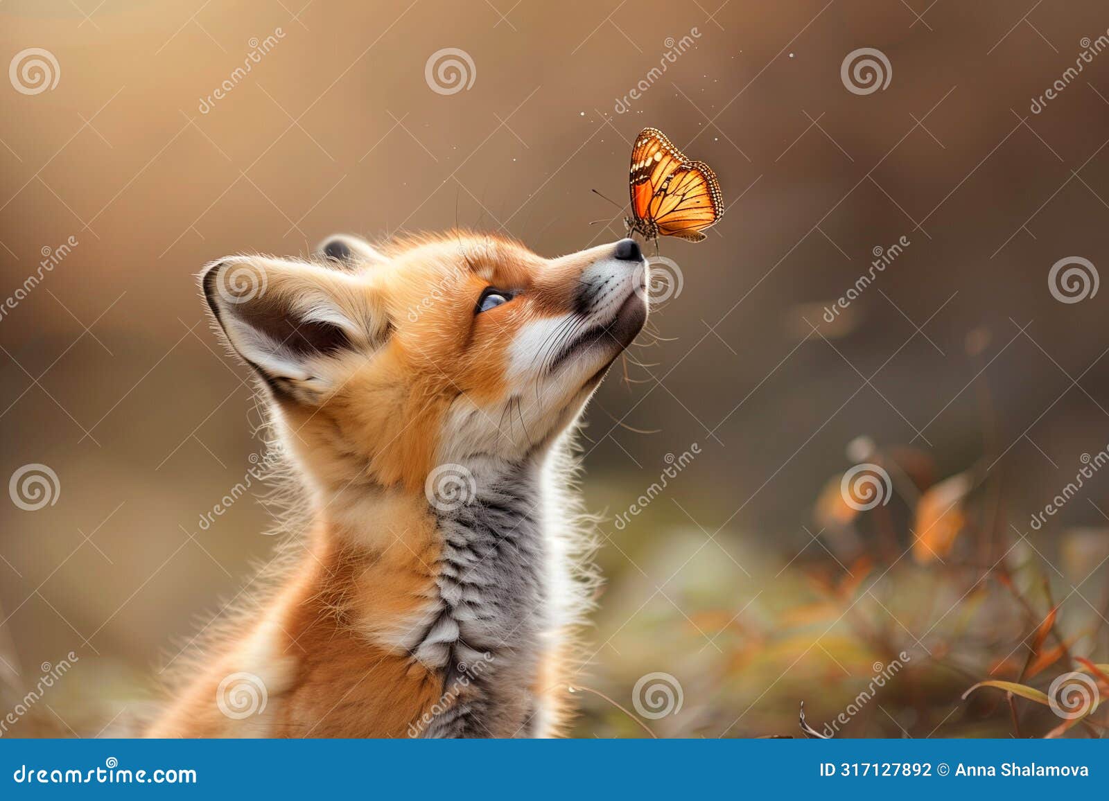 Curious Fox Cub Nose-to-nose with Delicate Monarch Butterfly in Serene ...